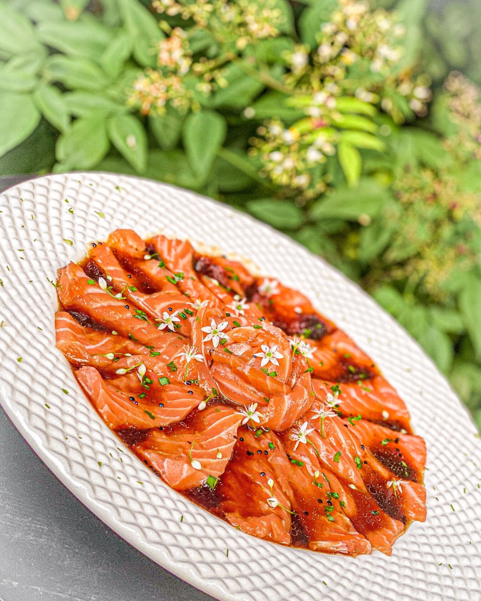 Salmon Sashimi With Ponzu Yuzu Soy Garlic Chive Flowers Zars Kitchen